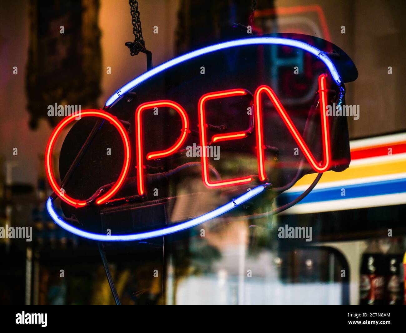 Electric sign with lights and with [OPEN] written on it Stock Photo - Alamy