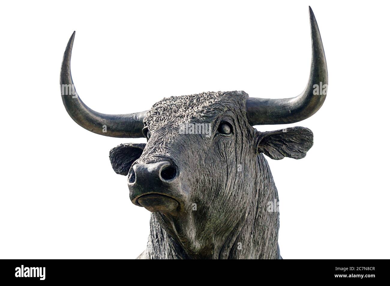 Metal statue of the bullhead with long and sharp horns isolated on a ...