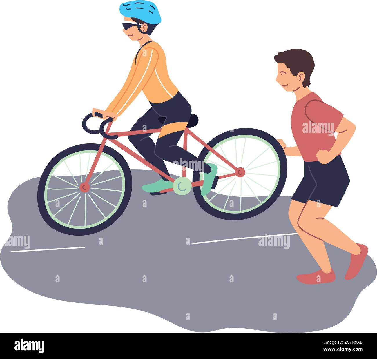 Men riding bike and running at street design, Stay healthy sport and ...