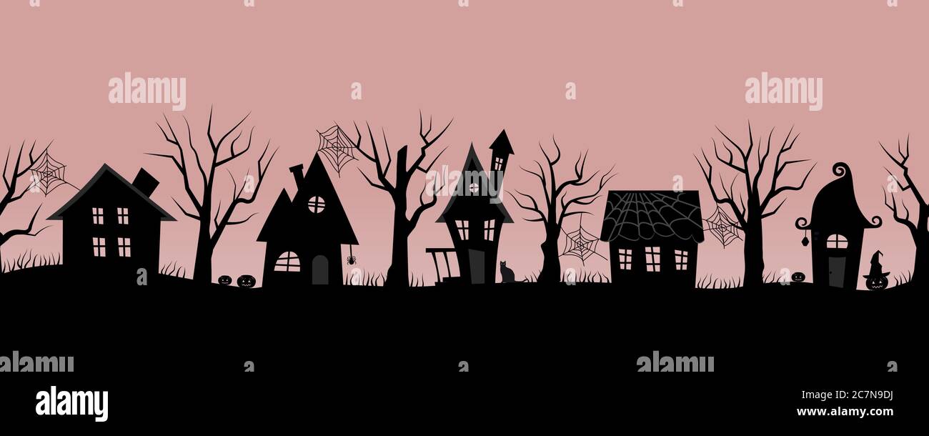 Halloween houses. Creepy village. Seamless border. Black silhouettes of ...