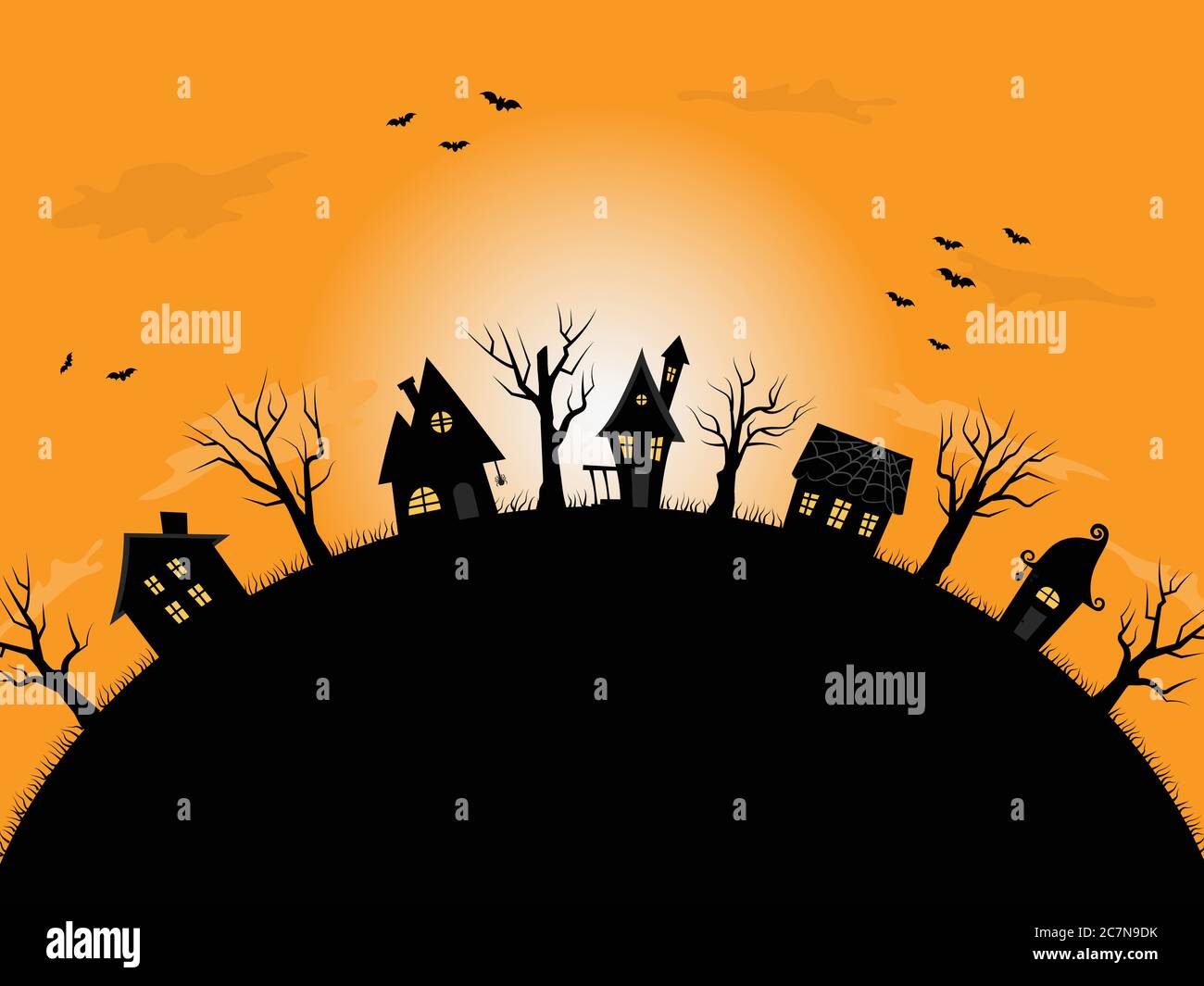 Halloween background. Spooky village. Black silhouettes of houses and ...