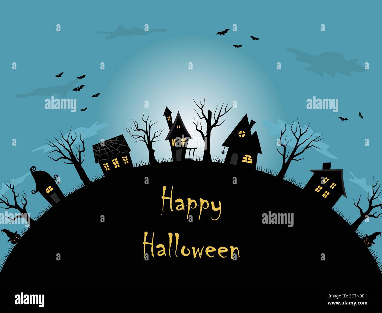 Halloween background. Spooky village. Black silhouettes of houses and ...