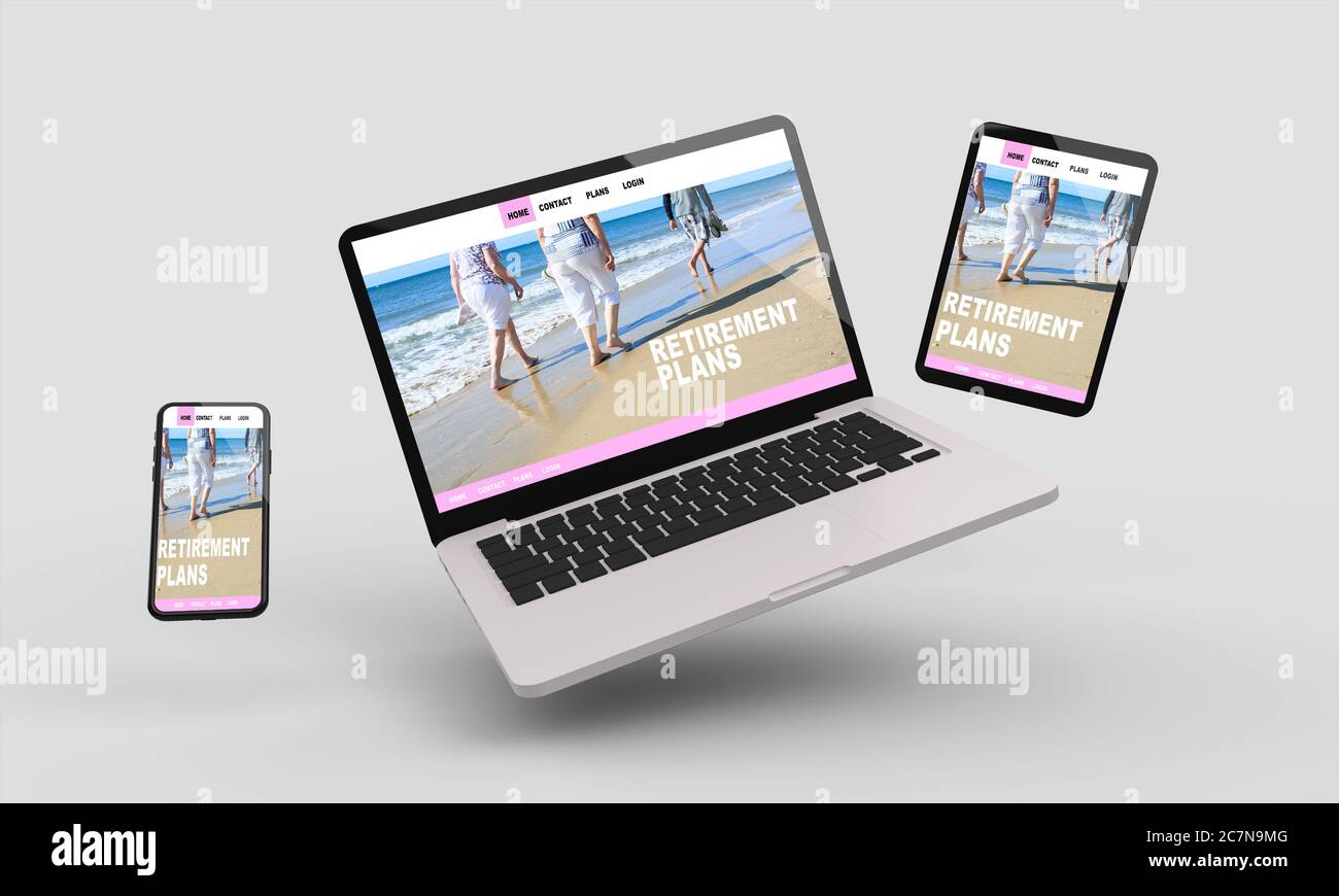 Flying tablet,phone and desktop computer 3d rendering mockup.3d ...