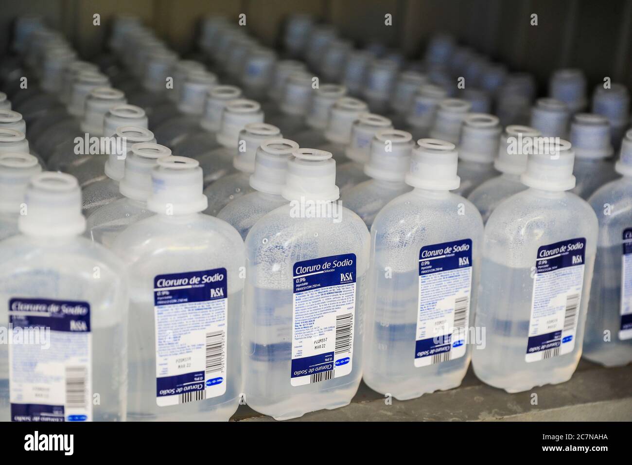 HERMOSILLO, MEXICO - JULY17: Detail of medical supplies, serum, sodium ...