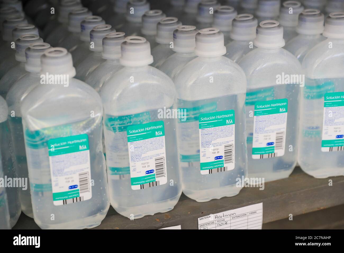 HERMOSILLO, MEXICO - JULY17: Detail of medical supplies, serum, sodium ...