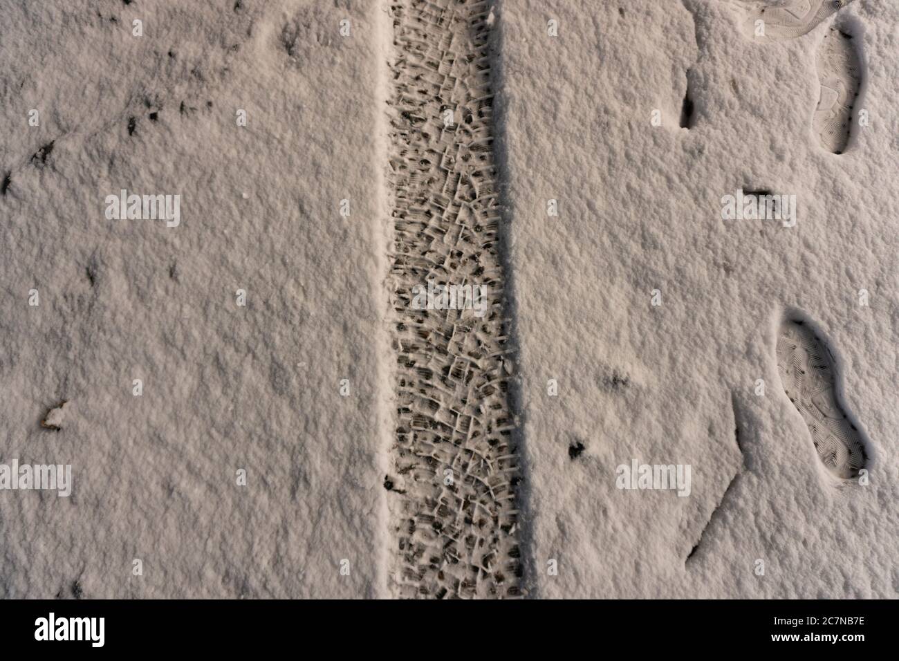 Tread marks on fresh snow. Track from car tire. Road covered with a ...