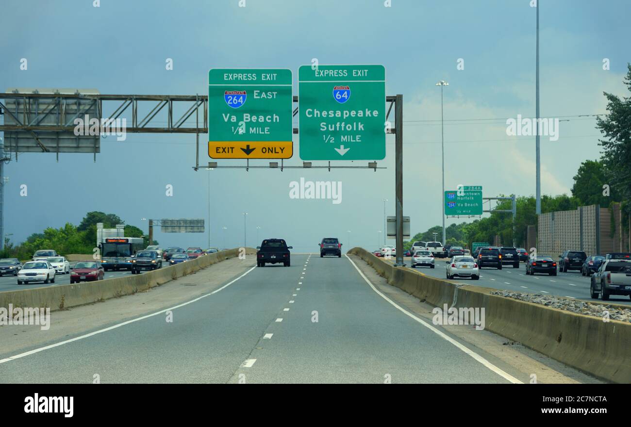Virginia, U.S.A - July 1, 2020 - The express exit signs towards ...