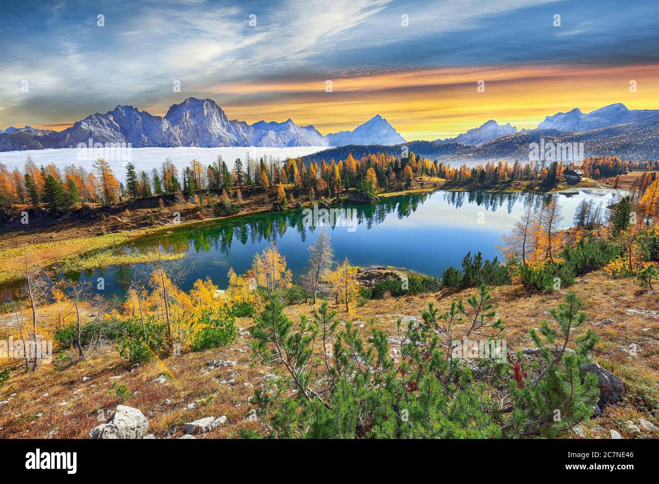 Wonderfull autumn view with colour sky, majestic rocky mount and ...