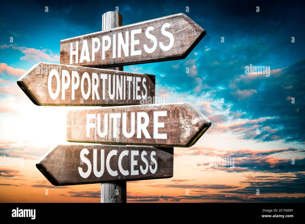 Happiness, opportunities, future, success - wooden signpost, roadsign ...