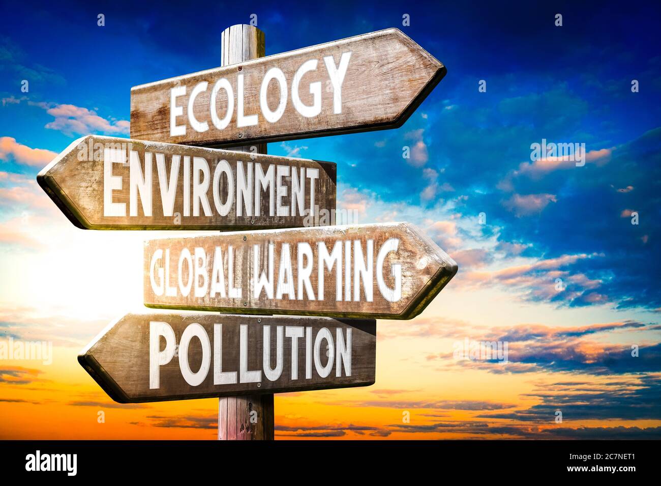 Ecology, environment, global warming, pollution - wooden signpost ...