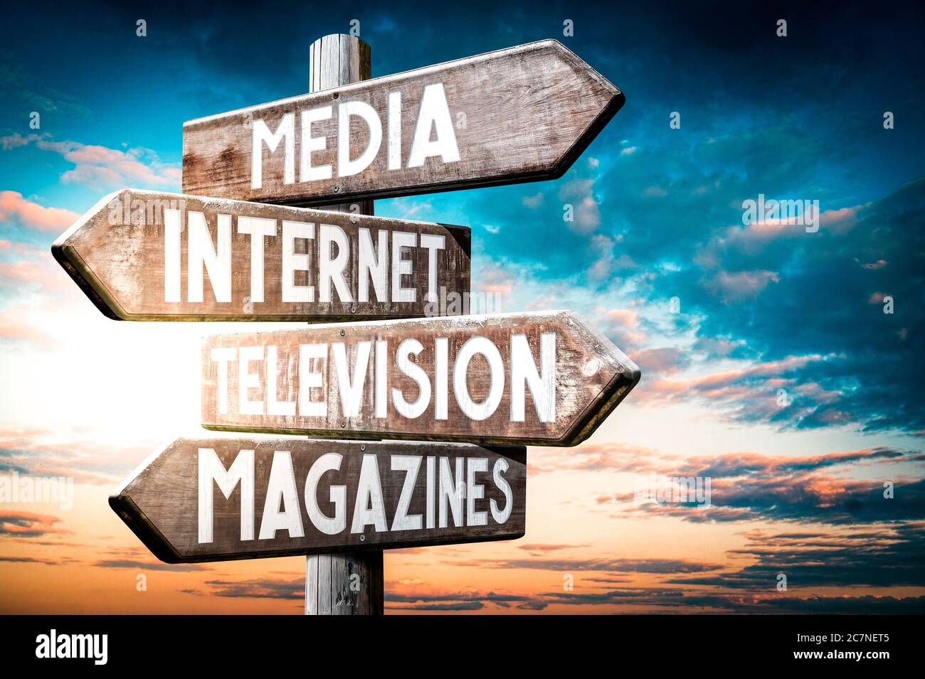 Media, internet, television, magazines - wooden signpost, roadsign with ...