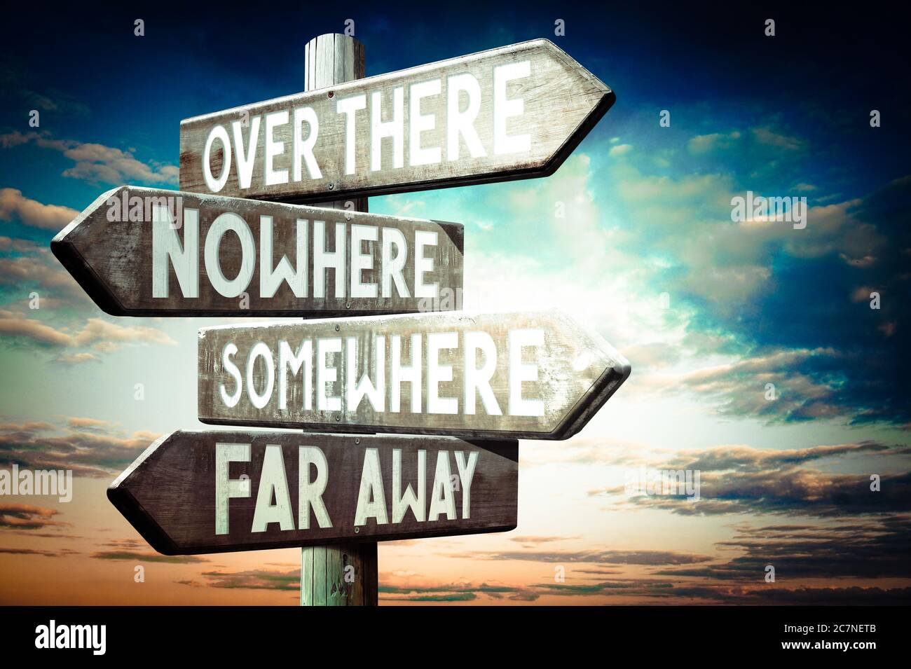 Over there, nowhere, somewhere, far away - wooden signpost, roadsign ...