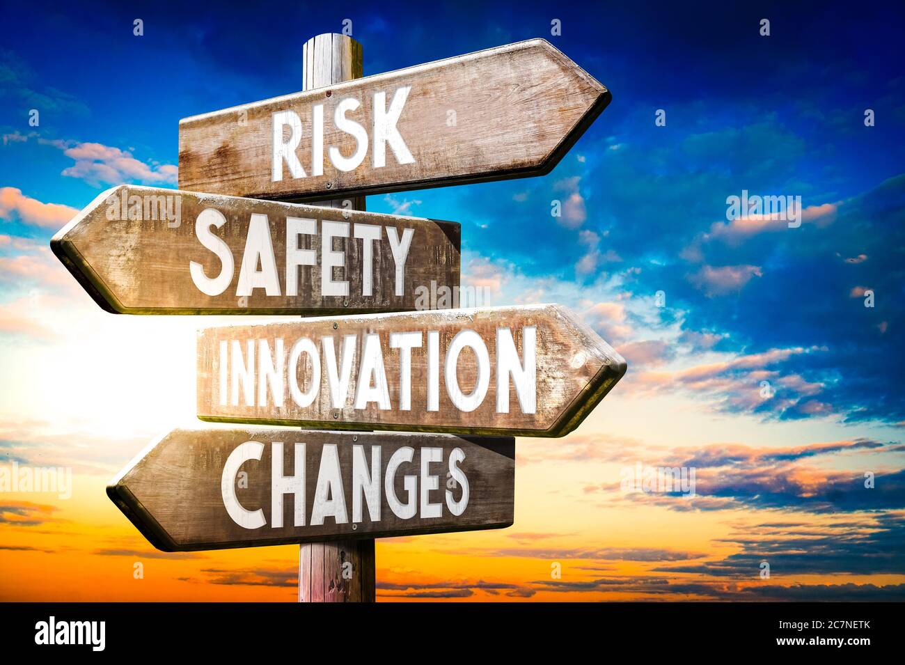 Risk, safety, innovation, changes - wooden signpost, roadsign with four ...