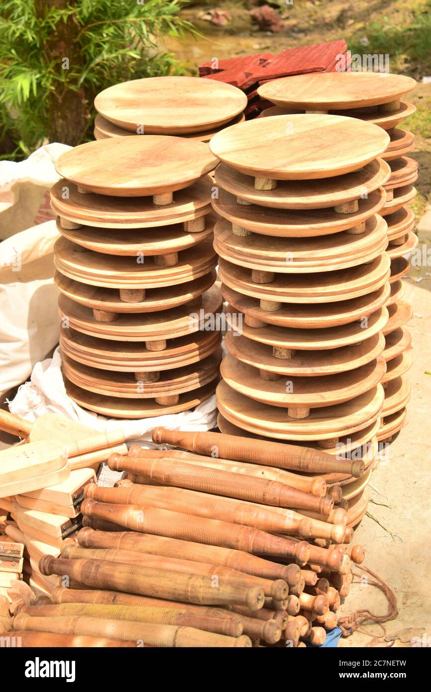 Handmade wooden tools for bread making in a street market Stock Photo ...