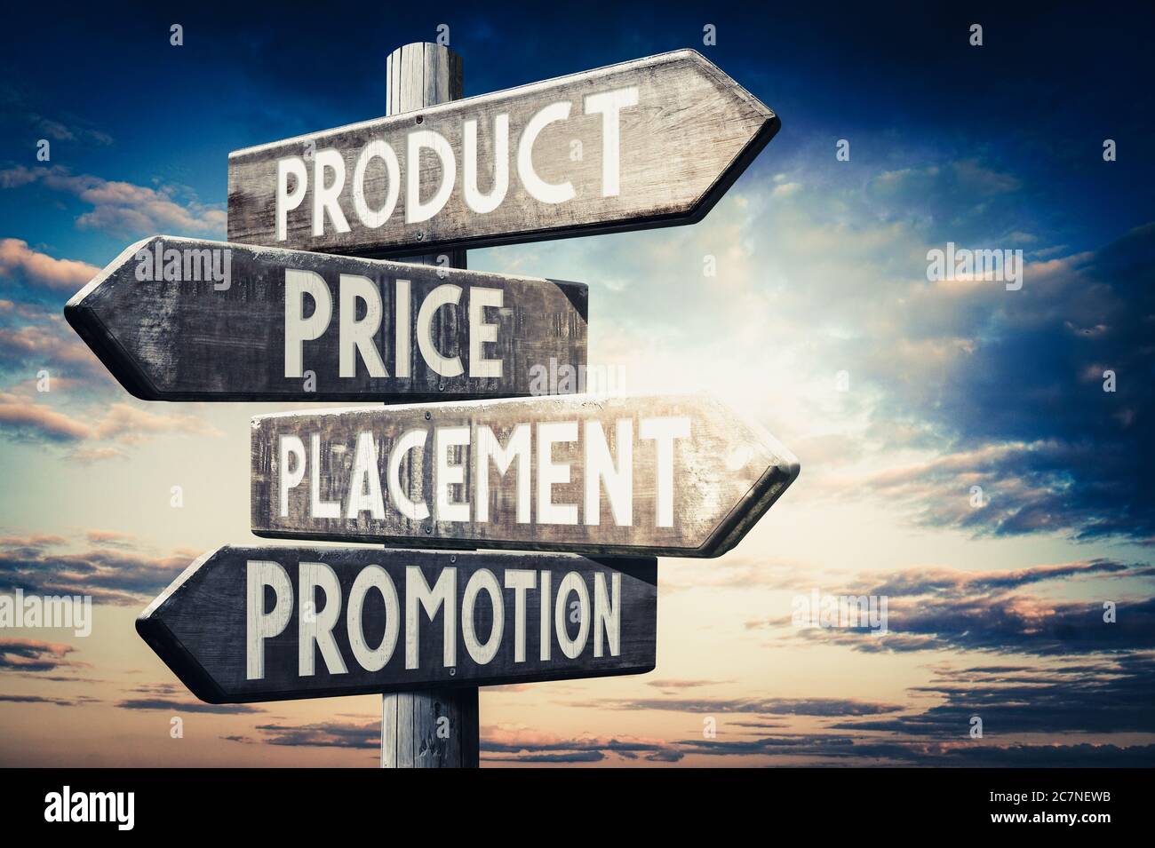 Product, price, placement, promotion - wooden signpost, roadsign with ...