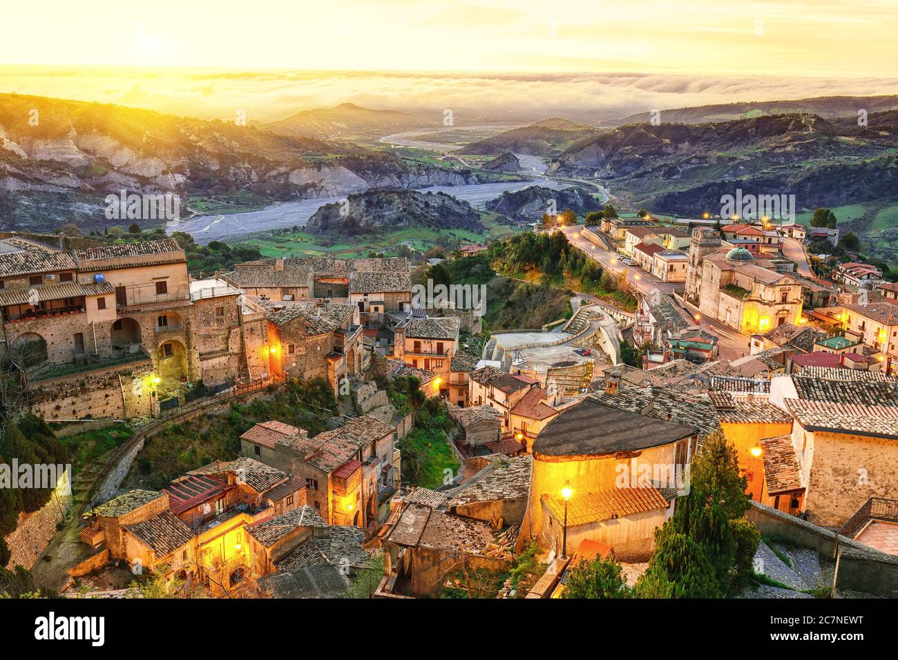 Sunrise over old famous medieval village Stilo in Calabria. View on ...