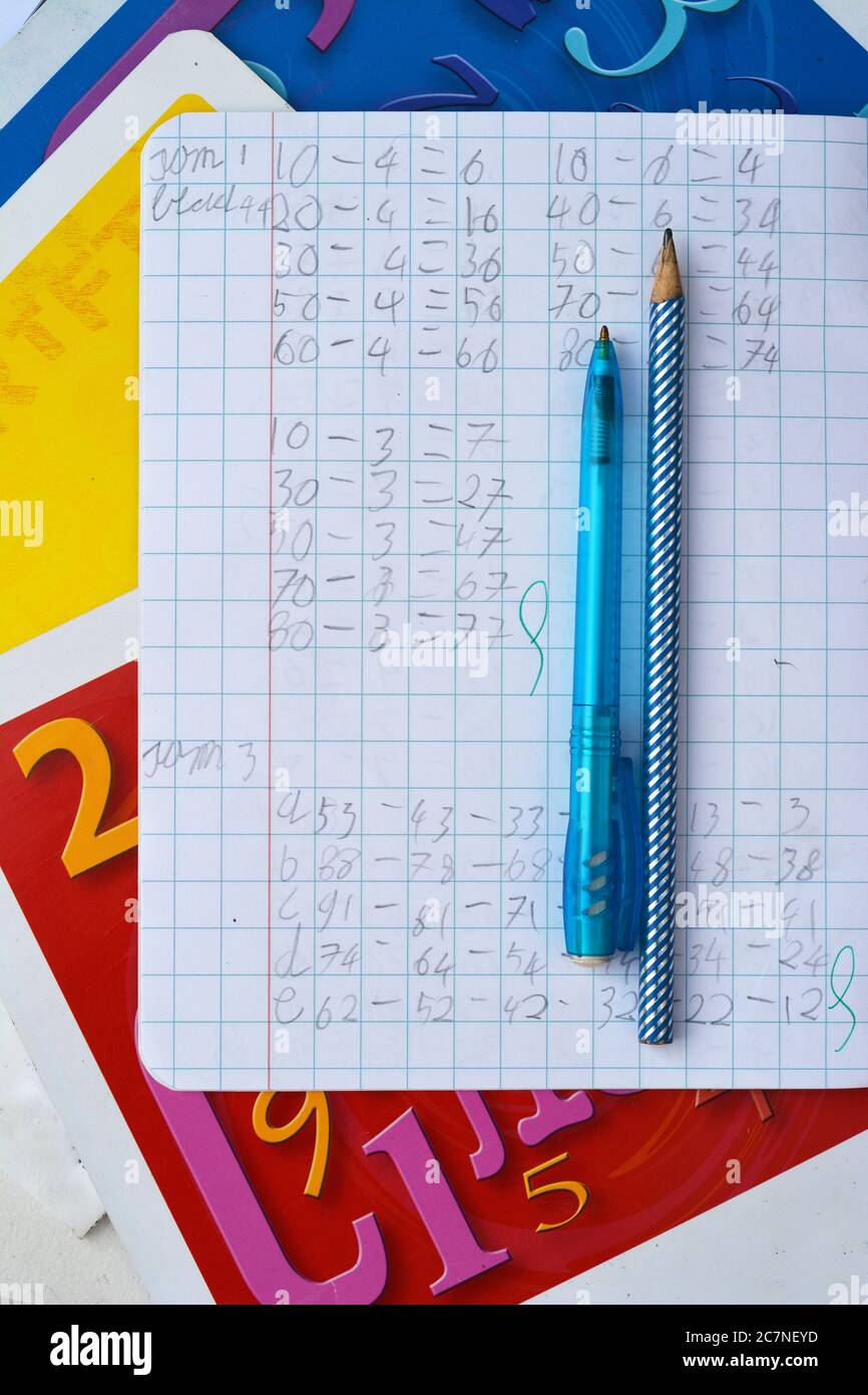 High angle vertical shot of open notebook with Math exercises, blue pen ...
