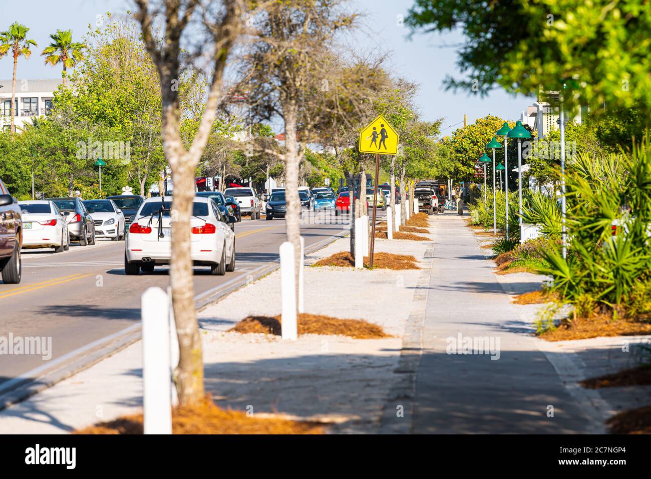 Seaside, USA - April 25, 2018: Sidewalk and sign in famous city town ...
