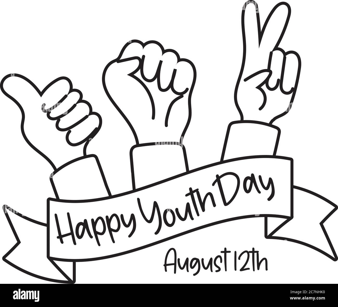 happy youth day lettering with hands symbols line style vector ...