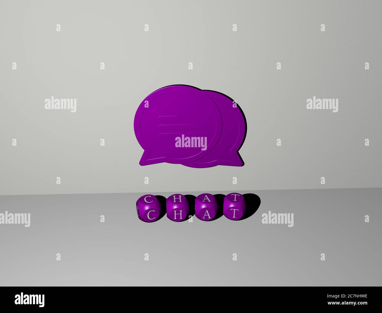 3D illustration of chat graphics and text made by metallic dice letters ...