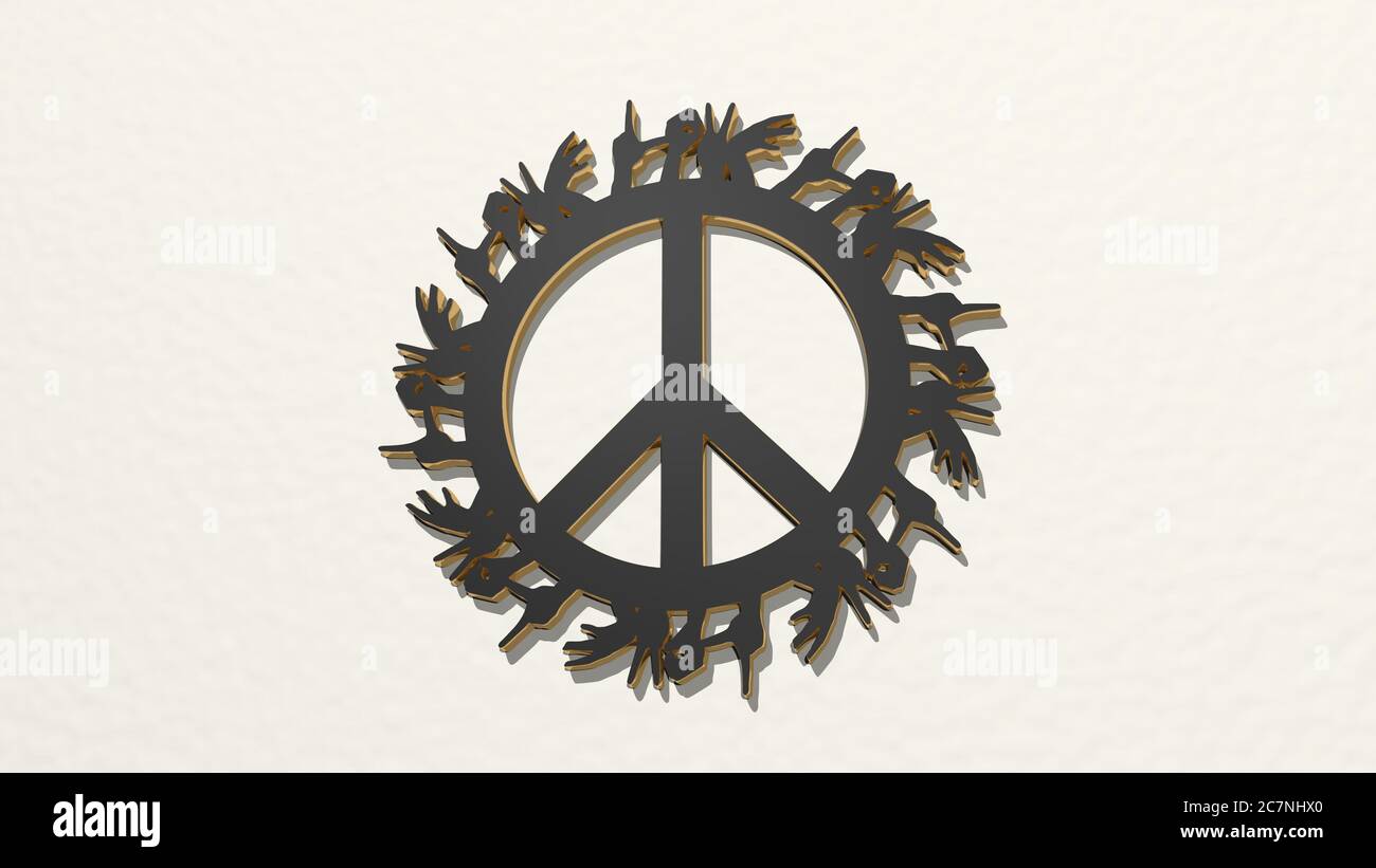 PEACE SYMBOL WITH MANY HANDS from a perspective on the wall. A thick ...