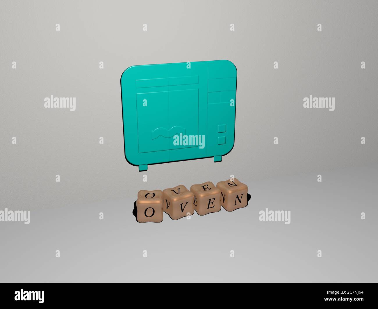 3D illustration of oven graphics and text made by metallic dice letters ...