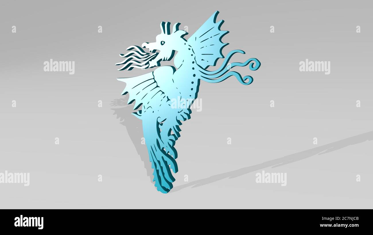 DRAGON made by 3D illustration of a shiny metallic sculpture with the ...