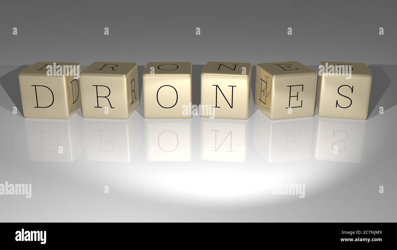 3D illustration of DRONES graphics and text made by metallic dice ...