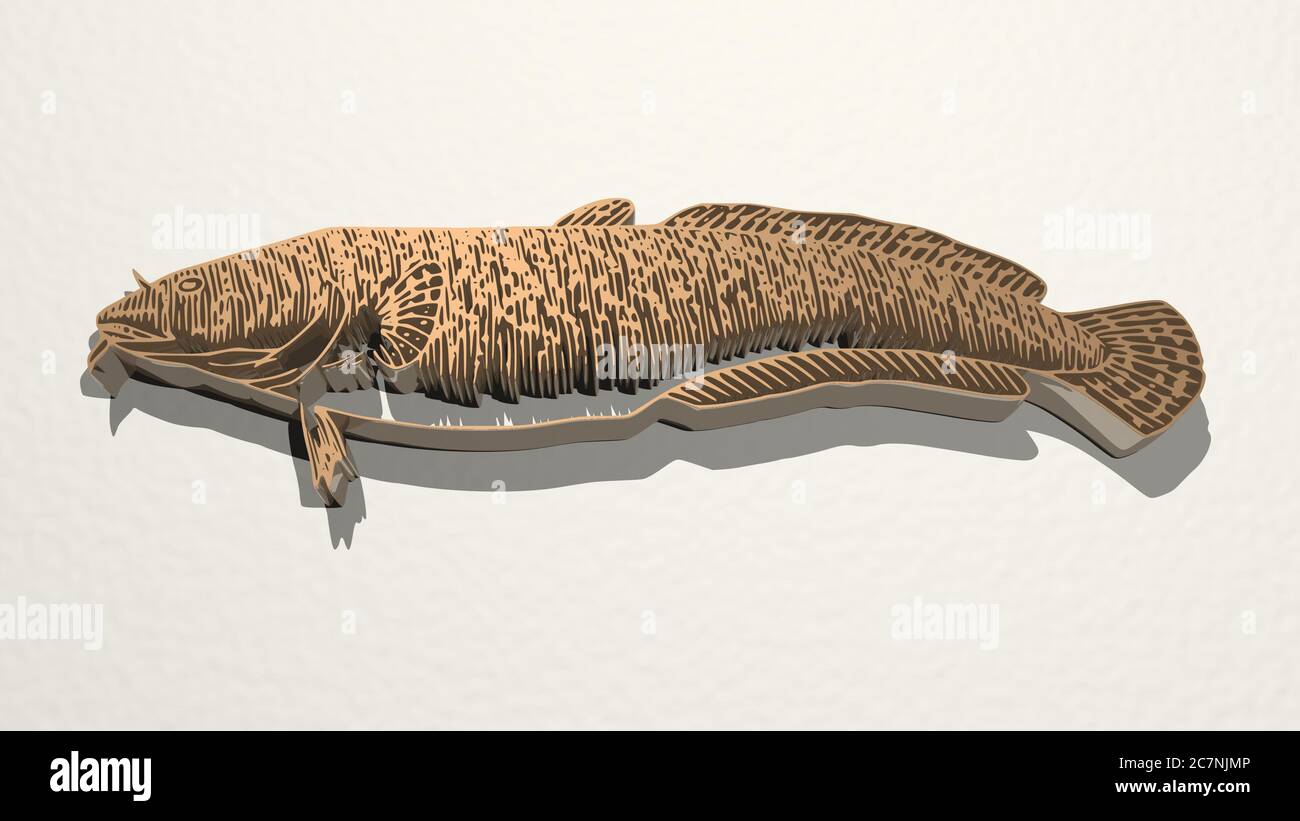 fish made by 3D illustration of a shiny metallic sculpture on a wall ...