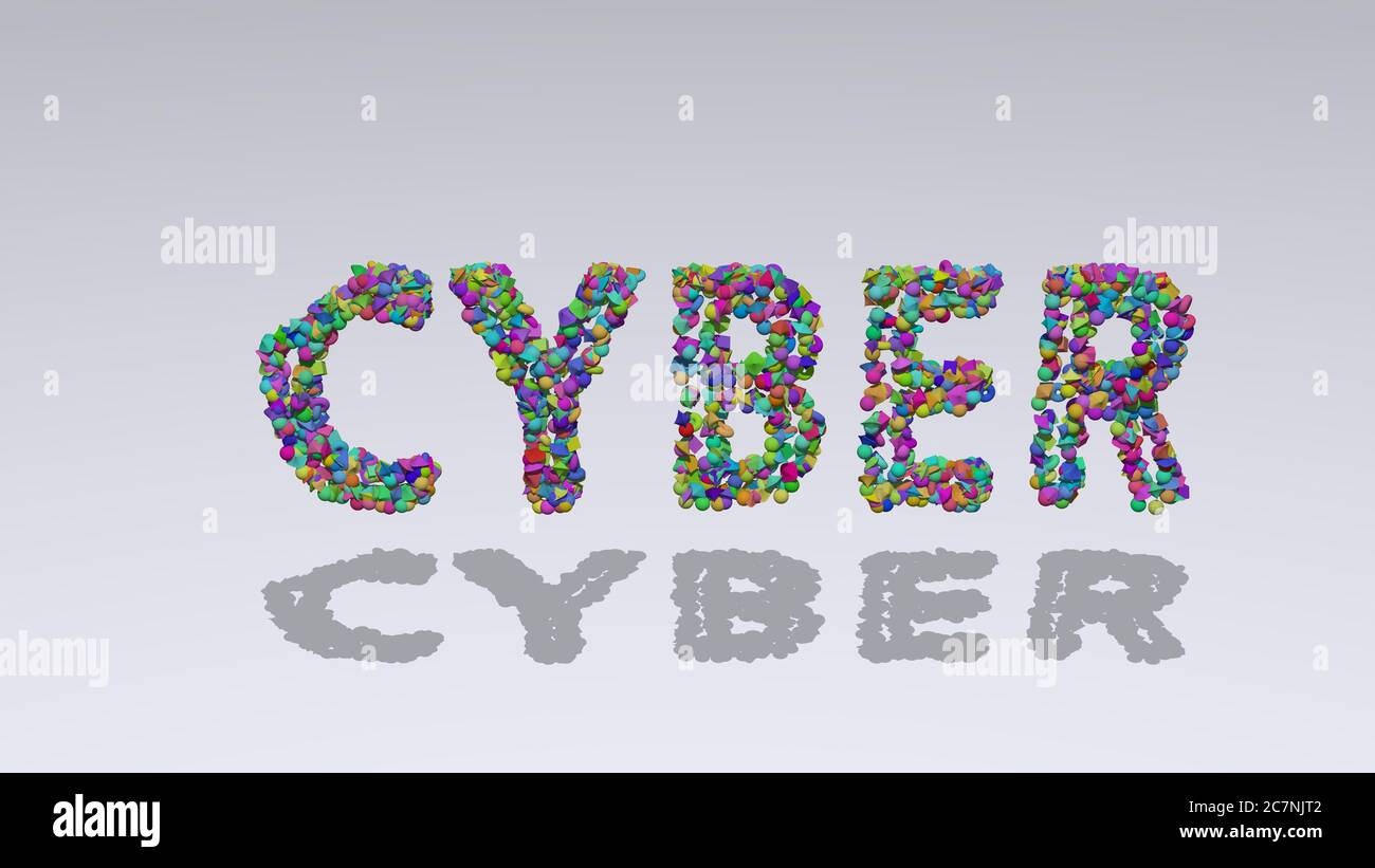 cyber: 3D illustration of the text made of small objects over a white ...