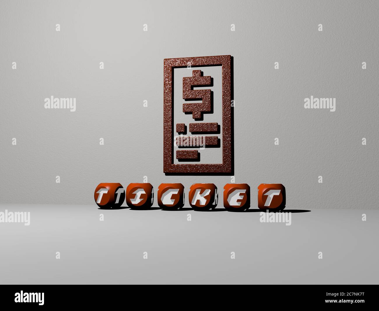 3D illustration of TICKET graphics and text made by metallic dice ...