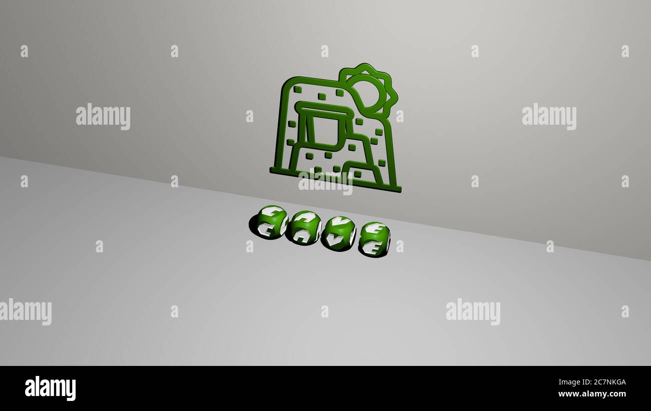3D illustration of CAVE graphics and text made by metallic dice letters ...