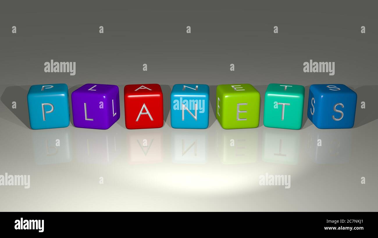 PLANETS arranged by cubic letters on a mirror floor, ideal for concept ...