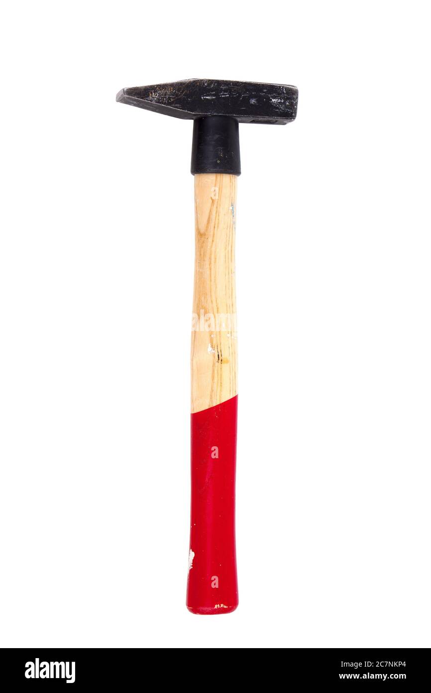 Vertical shot of an isolated hammer with wooden handle on the white ...