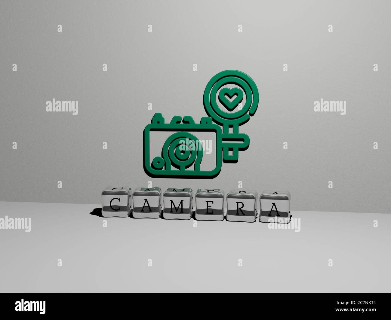 3D illustration of camera graphics and text made by metallic dice ...
