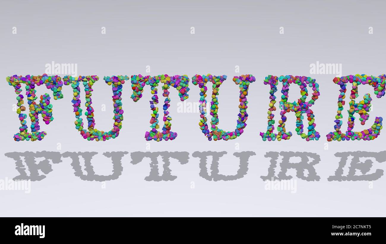 Colorful 3D writting of FUTURE text with small objects over a white ...