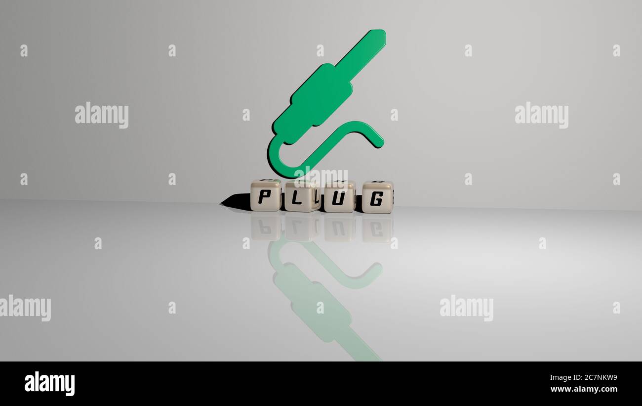 3D graphical image of PLUG vertically along with text built by metallic ...
