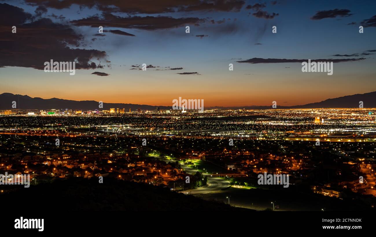 High angle sunset view of the famous Las Vegas Strip and cityscape at ...
