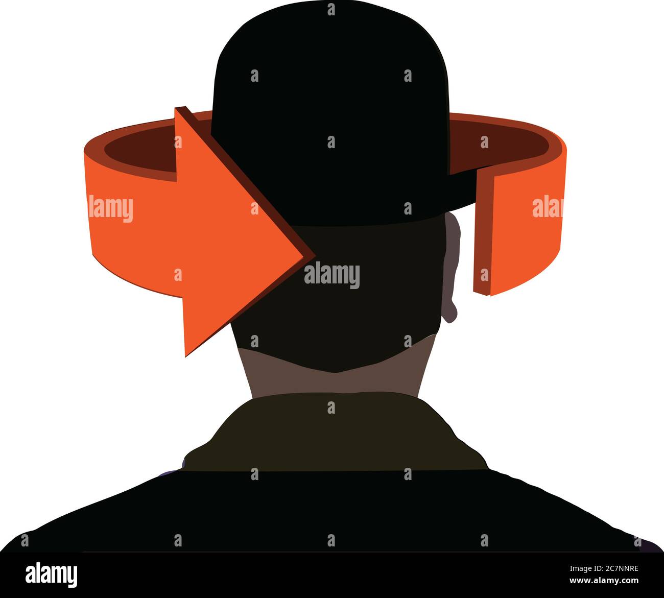 Illustration of the back of a man with an orange arrow rotating around ...