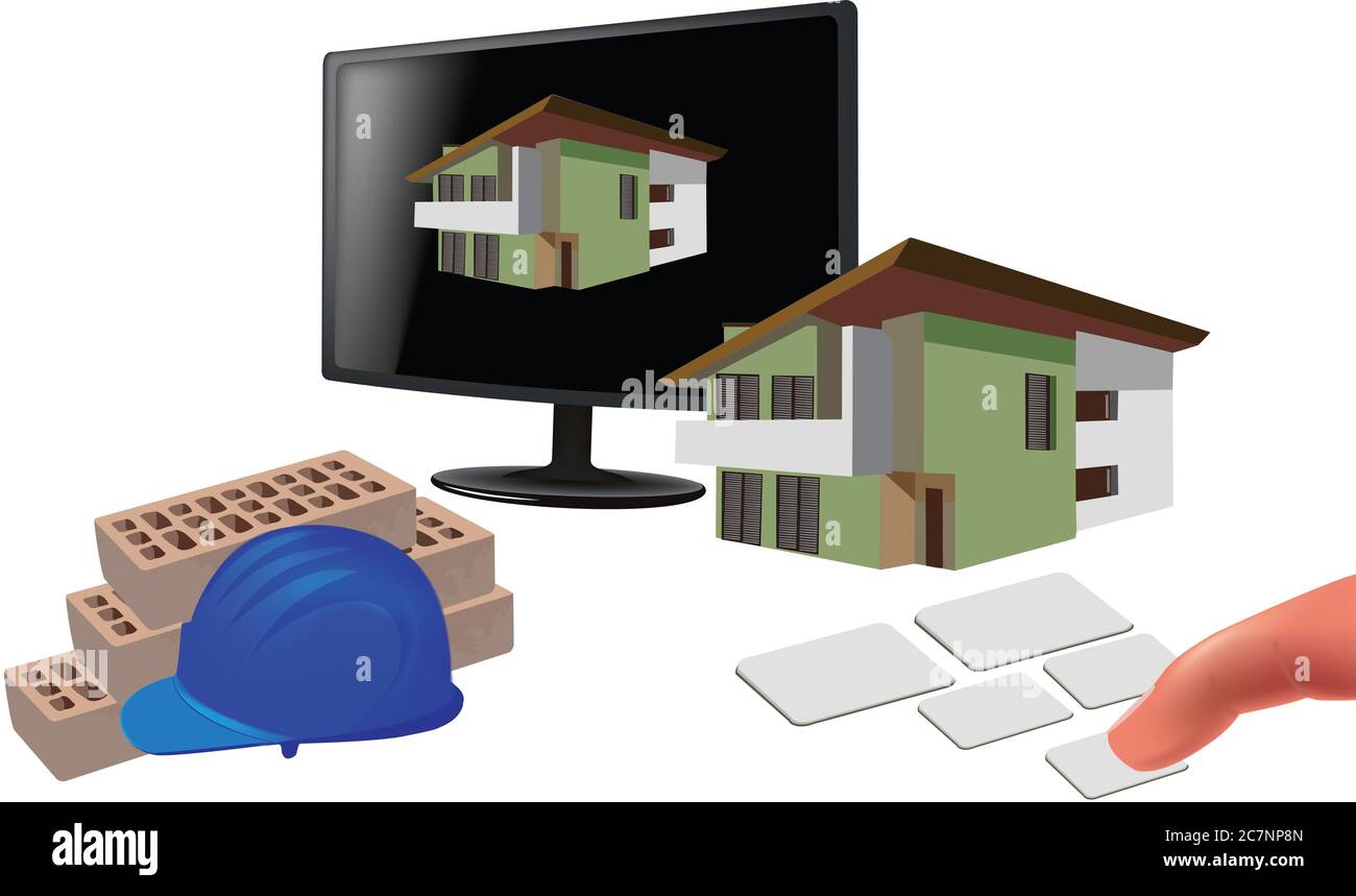Illustration of an engineer creating a 3d model of a house Stock Photo ...