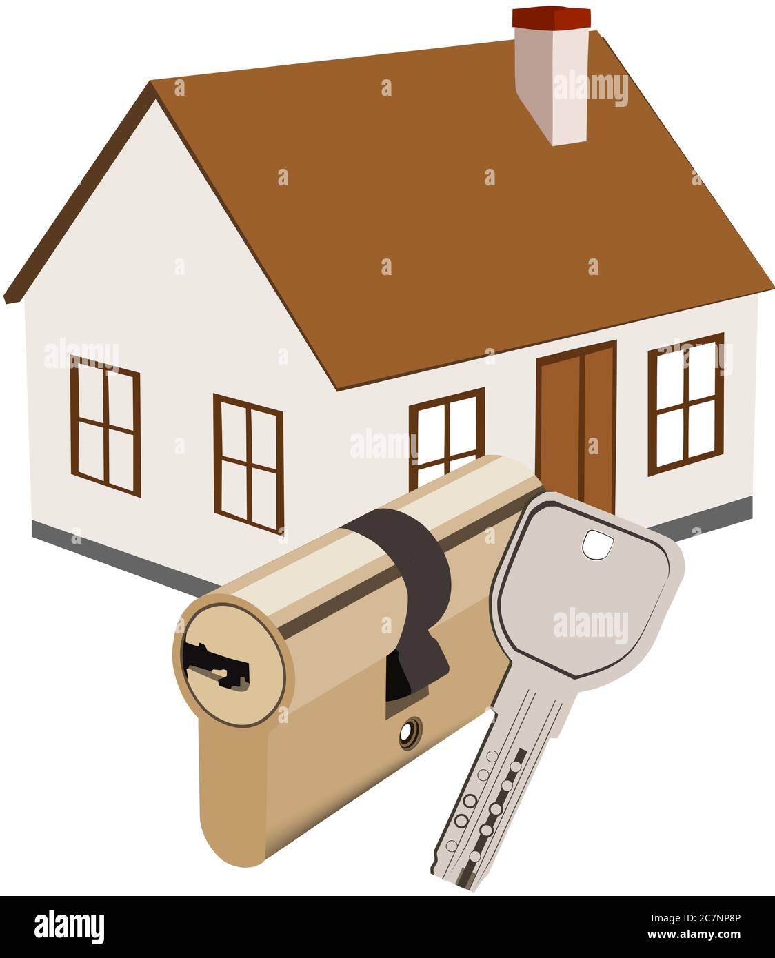 Illustration of a key and lock with a house model in the background ...