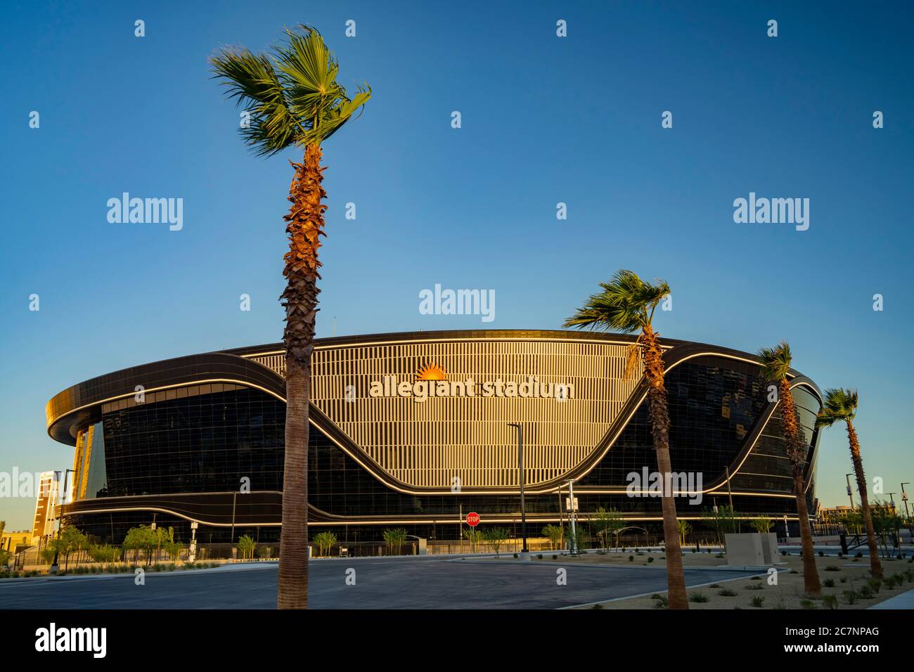 Las Vegas, JUL 17, 2020 - Sunset view of the finished Allegiant Stadium ...