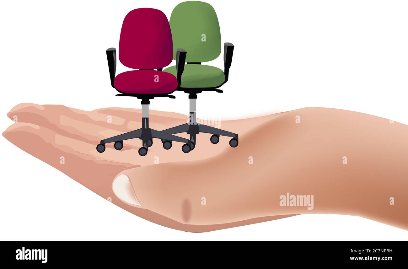 Illustration of a female hand holding office chairs Stock Photo - Alamy