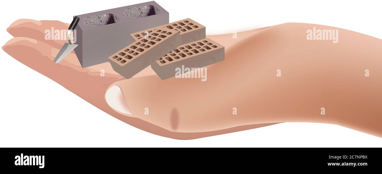 Illustration of a female hand holding bricks and trowel Stock Photo - Alamy
