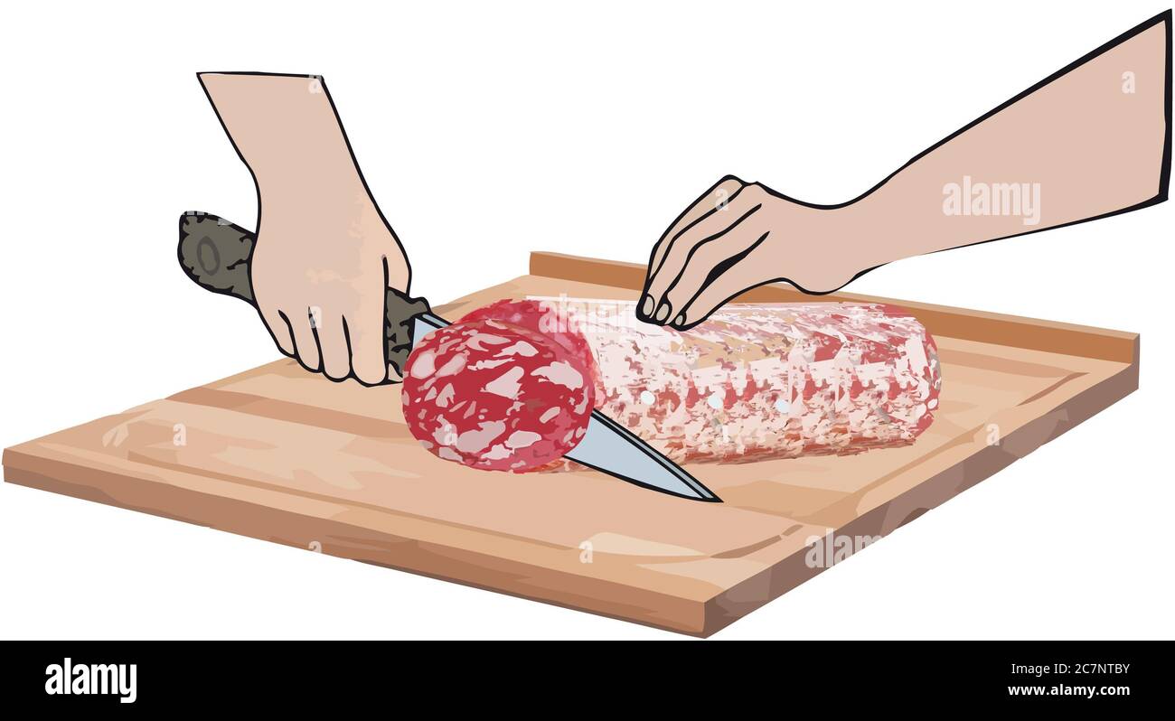 Illustration of a human hand cutting a sausage with a knife on wooden ...