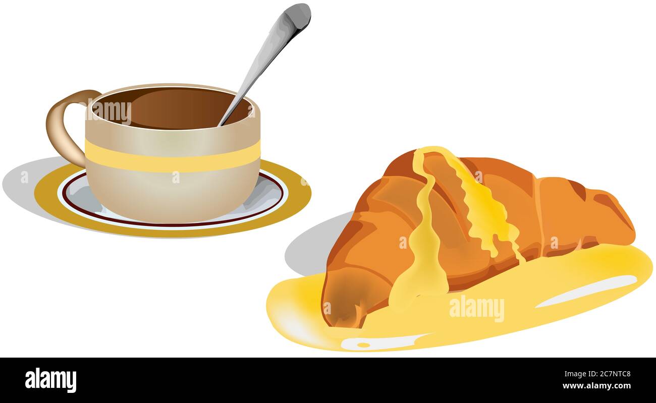 Illustration of a cup of coffee with a spoon and a croissant isolated ...