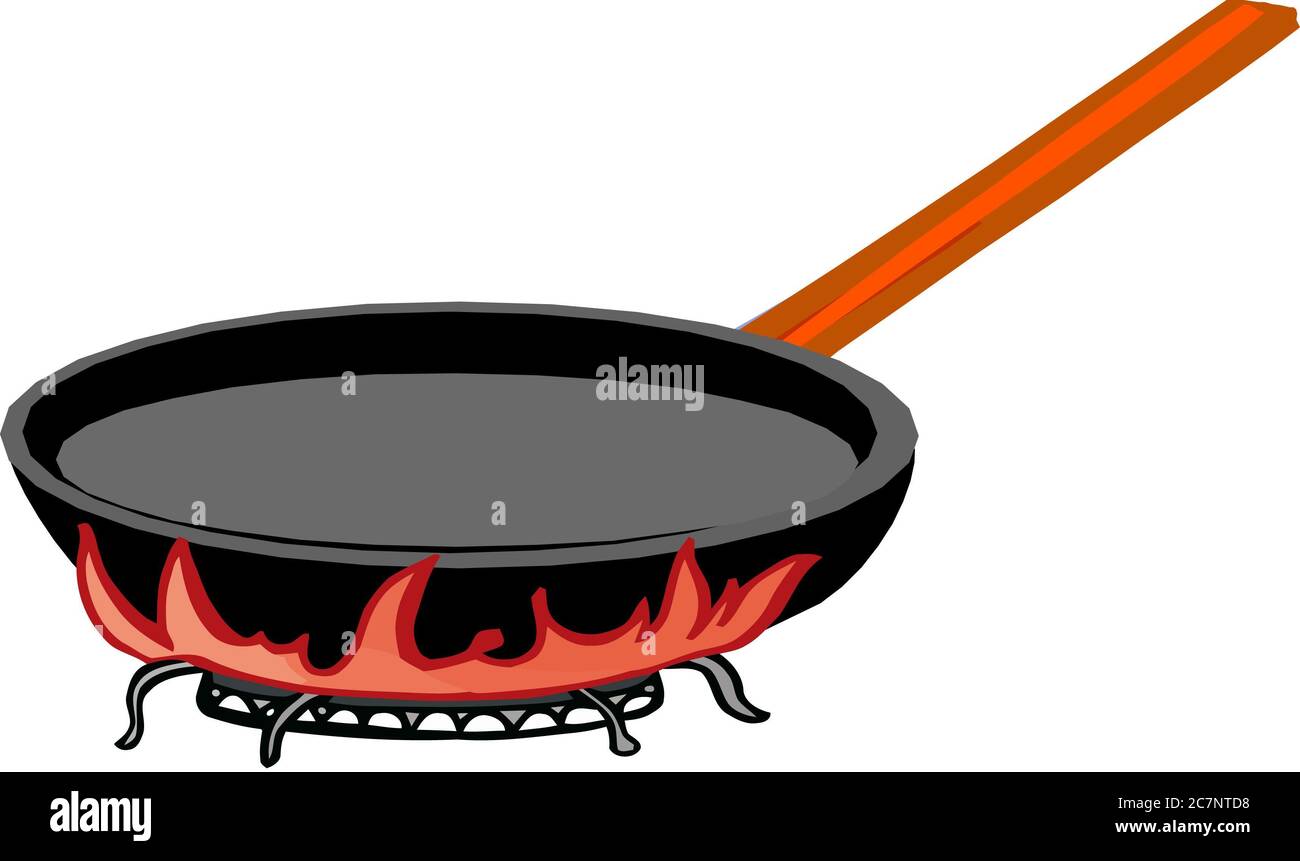 Illustration of a pan with a handle on the fire isolated on a white ...