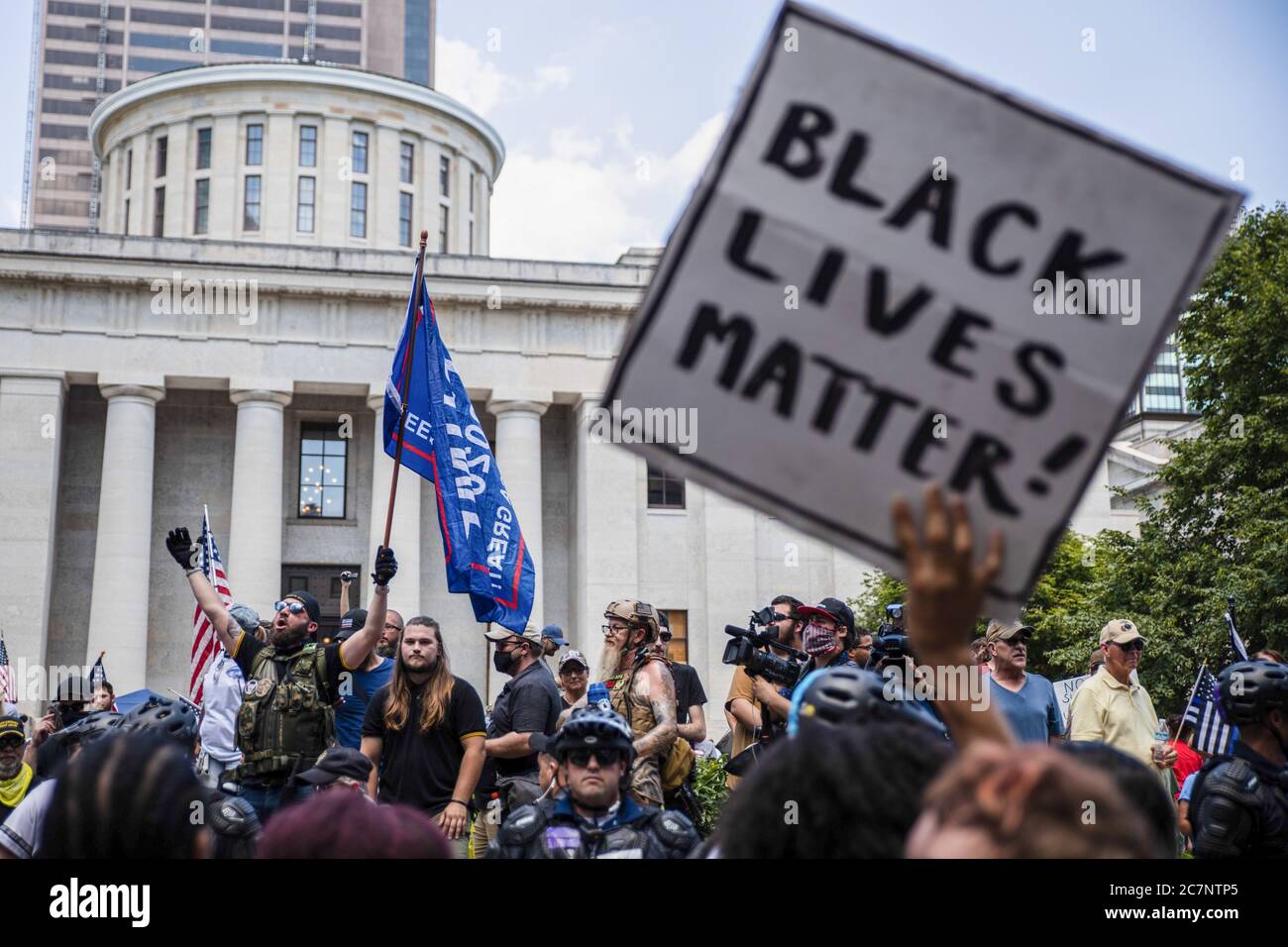 Columbus, United States. 18th July, 2020. Anti-Mask protesters collide ...