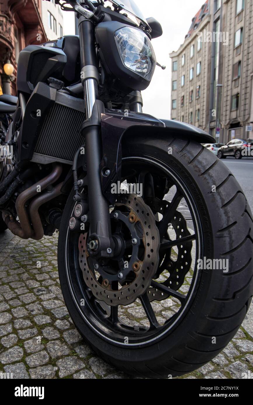 black powerful motorcycle on the street in Berlin, Germany September ...