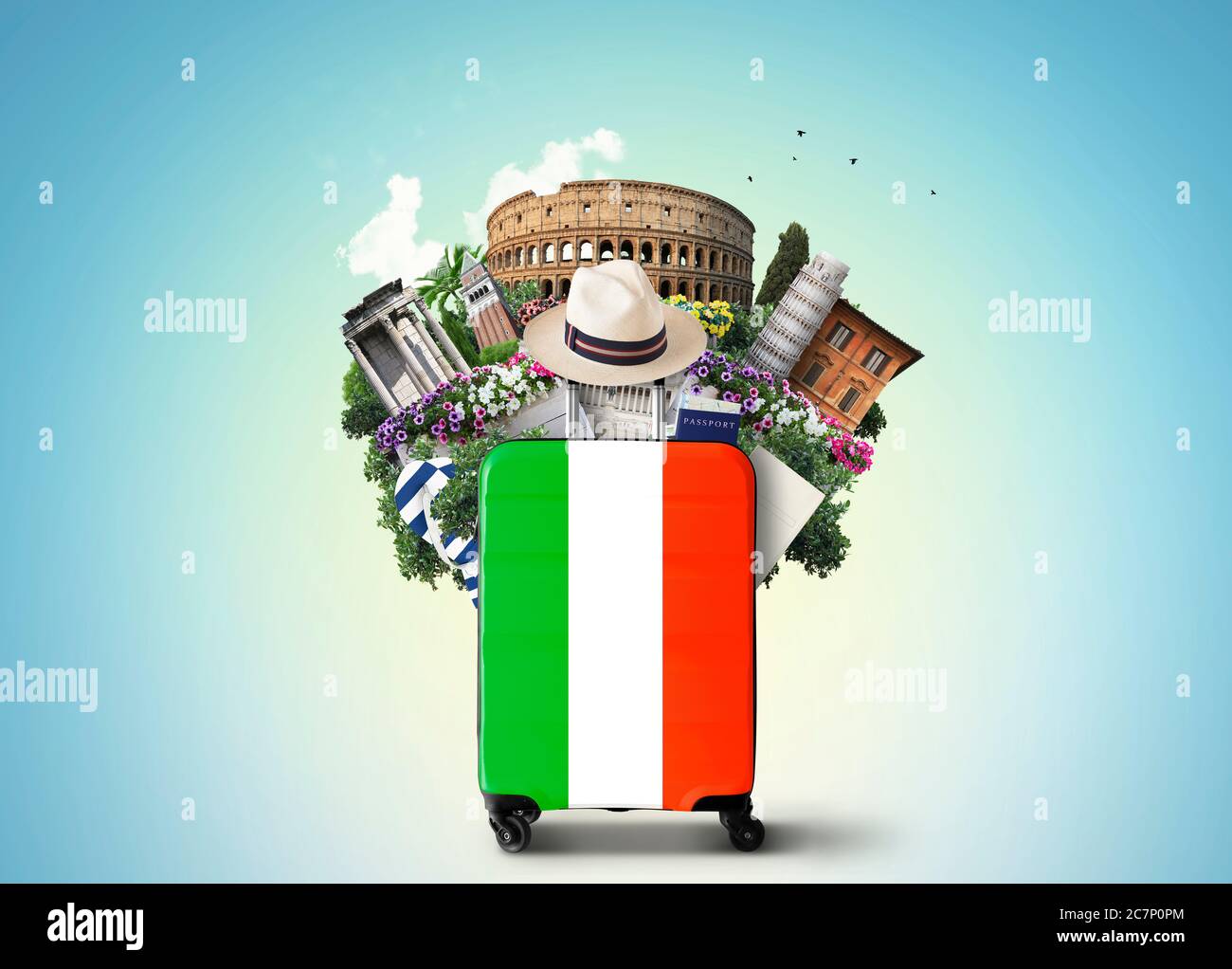 Italy, landmarks Italy and retro suitcase with hat Stock Photo - Alamy